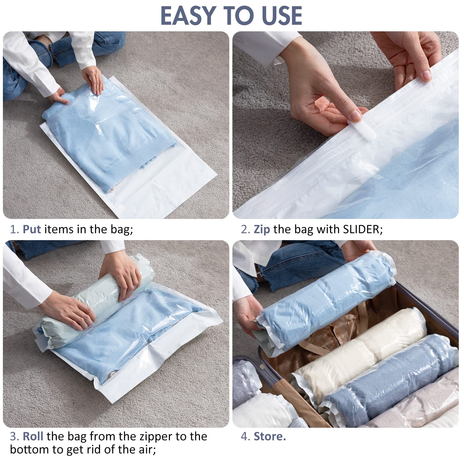 TAILI 12 Pack Travel Compression Bags, Roll Up Space Saver Bags (6 Large, 6 Medium), No Vacuum Needed Reusable Packing Bags for Luggage, Suitcase, Backpack, Travel Essentials