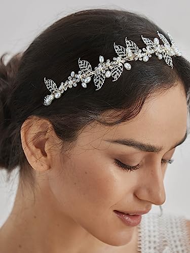 SWEETV Pearl Bridal Headband Silver Tiara for Bride Headpiece Crystal Leaf Wedding Hair Accessories Jewelry Tiaras for Women