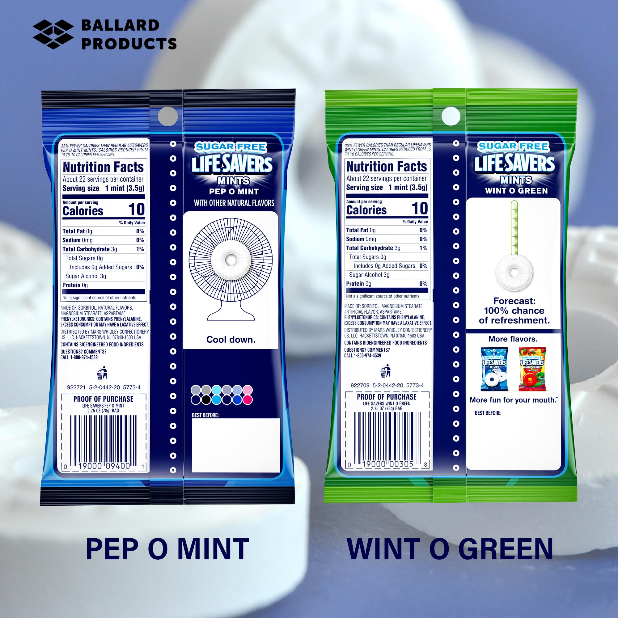 Sugar Free Lifesavers Mints Variety Pack - Sugar Free Lifesaver Mints - 2 Flavors - Life Savers Wint O Green and Life Savers Pep O Mint - Bundle with Ballard Products Pocket Bag (2 Pack)