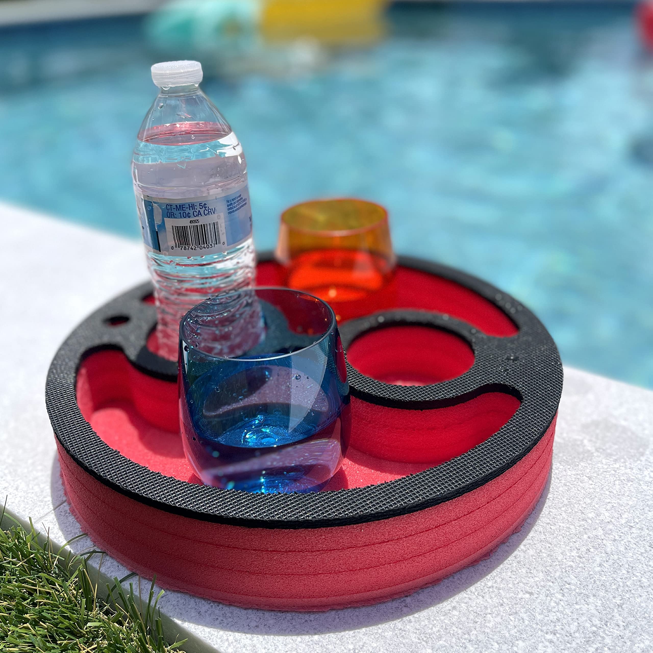 Polar Whale Floating Red and Black Round Spa Hot Tub Bar Drink and Snack Table Blue Refreshment Tray for Pool or Beach Party Float Food Lounge Durable Foam 11.75 Inches