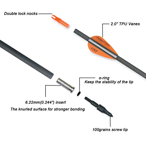 Pointdo 100% Carbon Arrow Practice Hunting Arrows with Removable Tips for Compound & Recurve Bow(Pack of 12) (28inch Orange White)