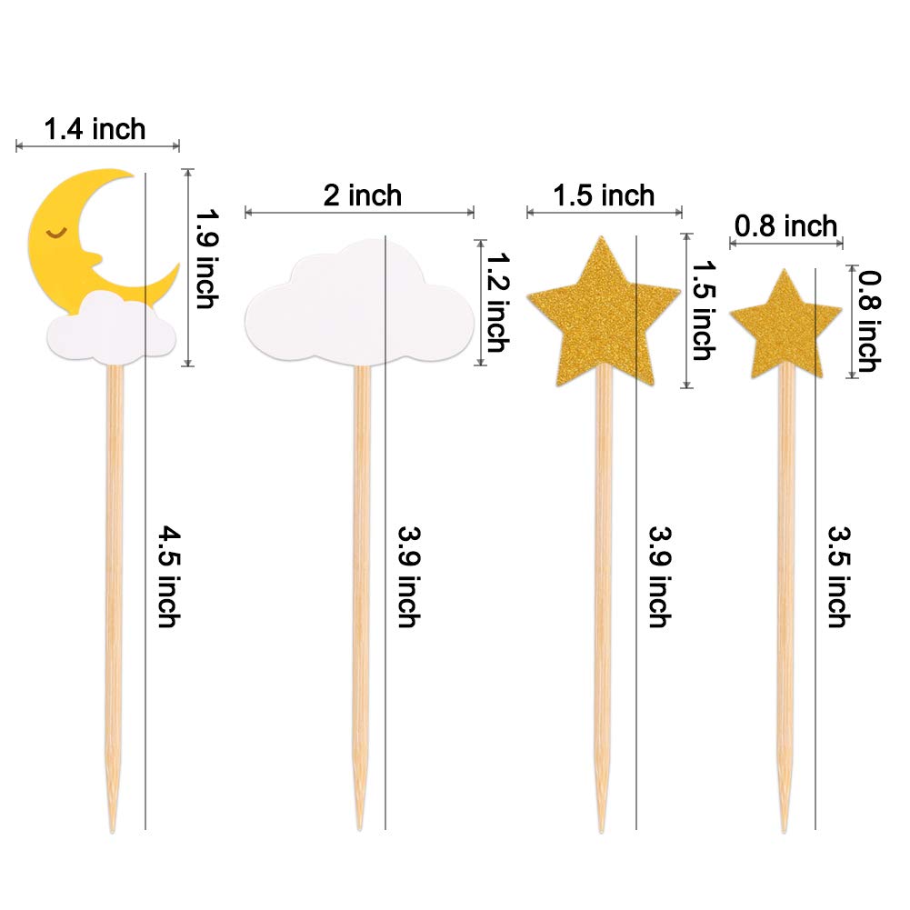 TAJIAA 36PCS Glitter Star Moon and Clouds Cupcake Toppers Picks for Birthday Party Baby Shower Wedding Christmas Valentine's Day Decorations