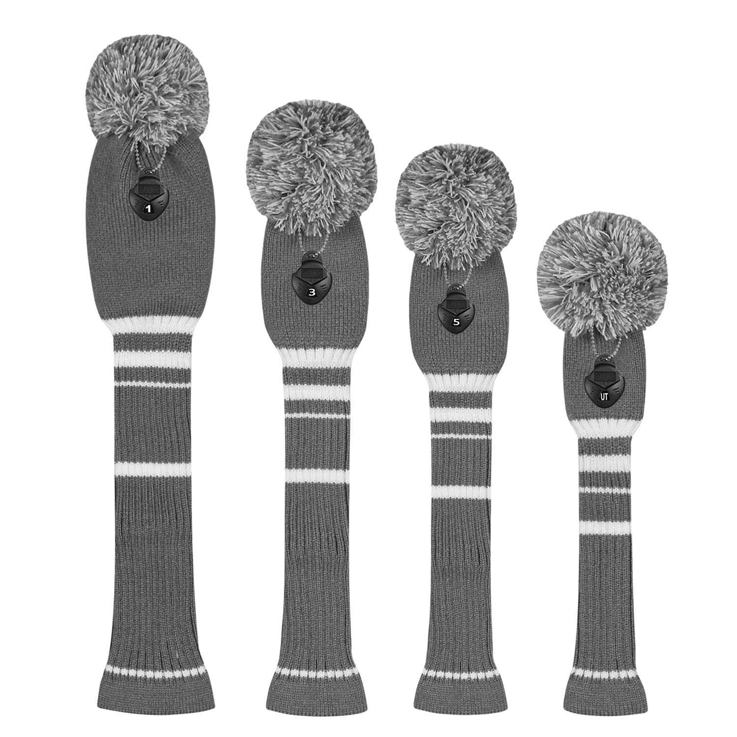 Scott Edward Steel Gray White Stripes Golf Club Covers Set of 4 Double-Layer Yarn Knit Driver Head Cover*1 Fairway Head Covers*2 and Hybrid(UT) Headcover*1