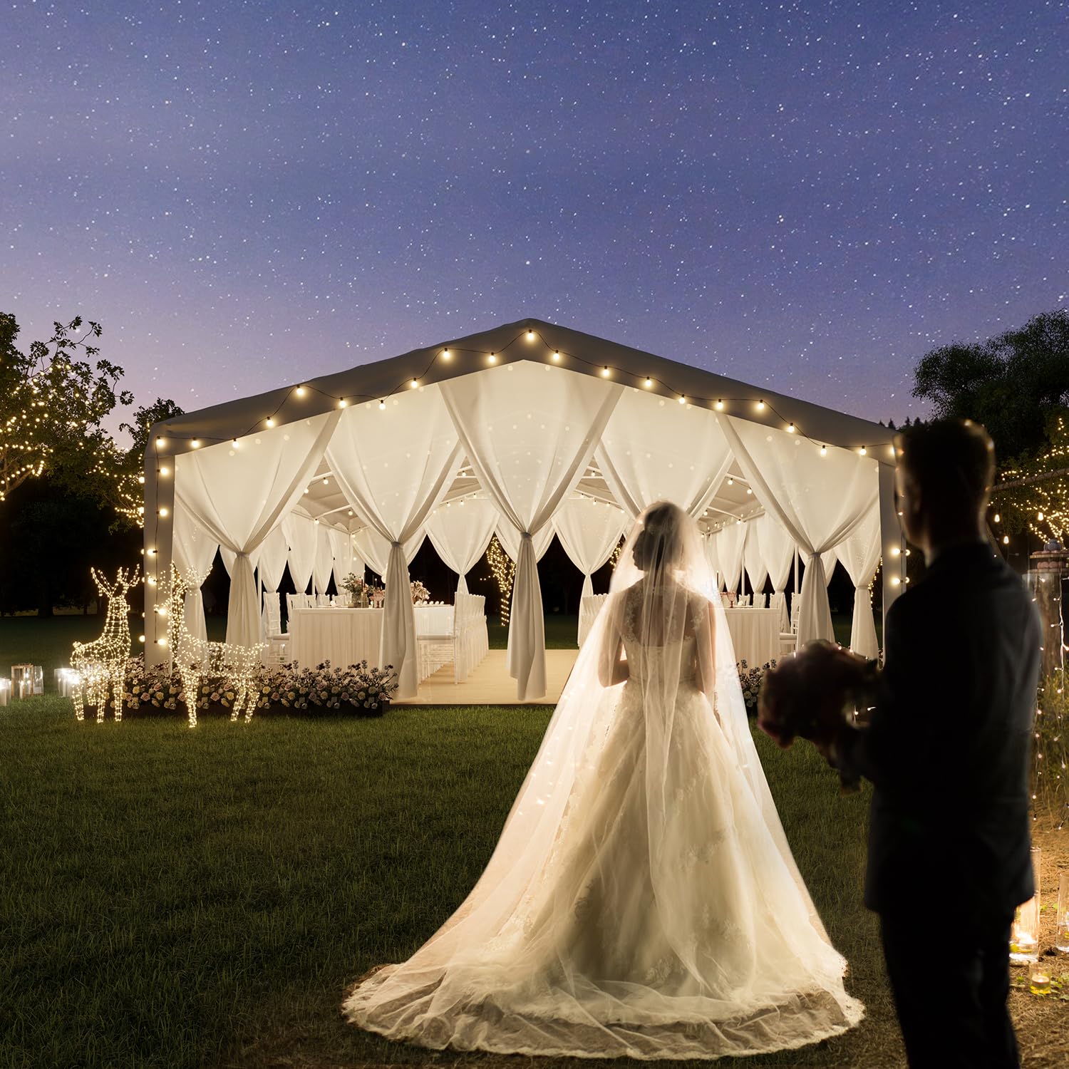 Quictent 20x20 Party Tent White Draping Mesh Side Chiffon Wedding Tent Canopy Outdoor Screen Heavy Duty Upgrade Event Shelter with Netting Gazebo All Classic Style Washable Sides