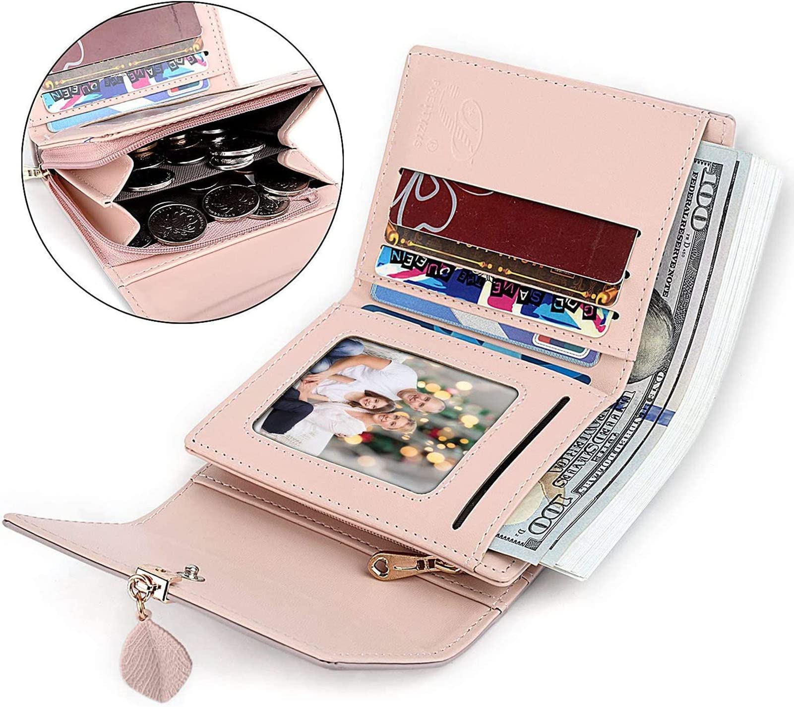 YLFERIF Small Wallet Women Leaf Pendant Womens Wallet Trifold Thin Wallet for Women Coins Zipper Pocket With ID Window Small Size Grey (Pink)