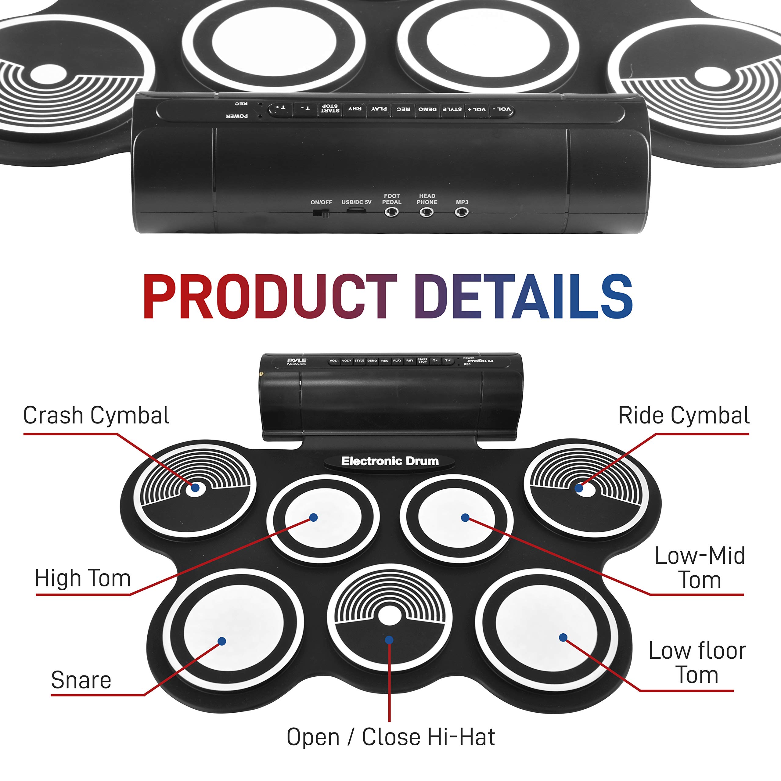 Pyle Electronic Roll Up MIDI Drum Kit W/ 9 Electric Drum Pads, Foot Pedals, Drumsticks, & Power Supply | Quick Setup | Tabletop Roll Up Drum Kit | Pre-Loaded W/ Drum Electric Kits & Songs (PTEDRL14)