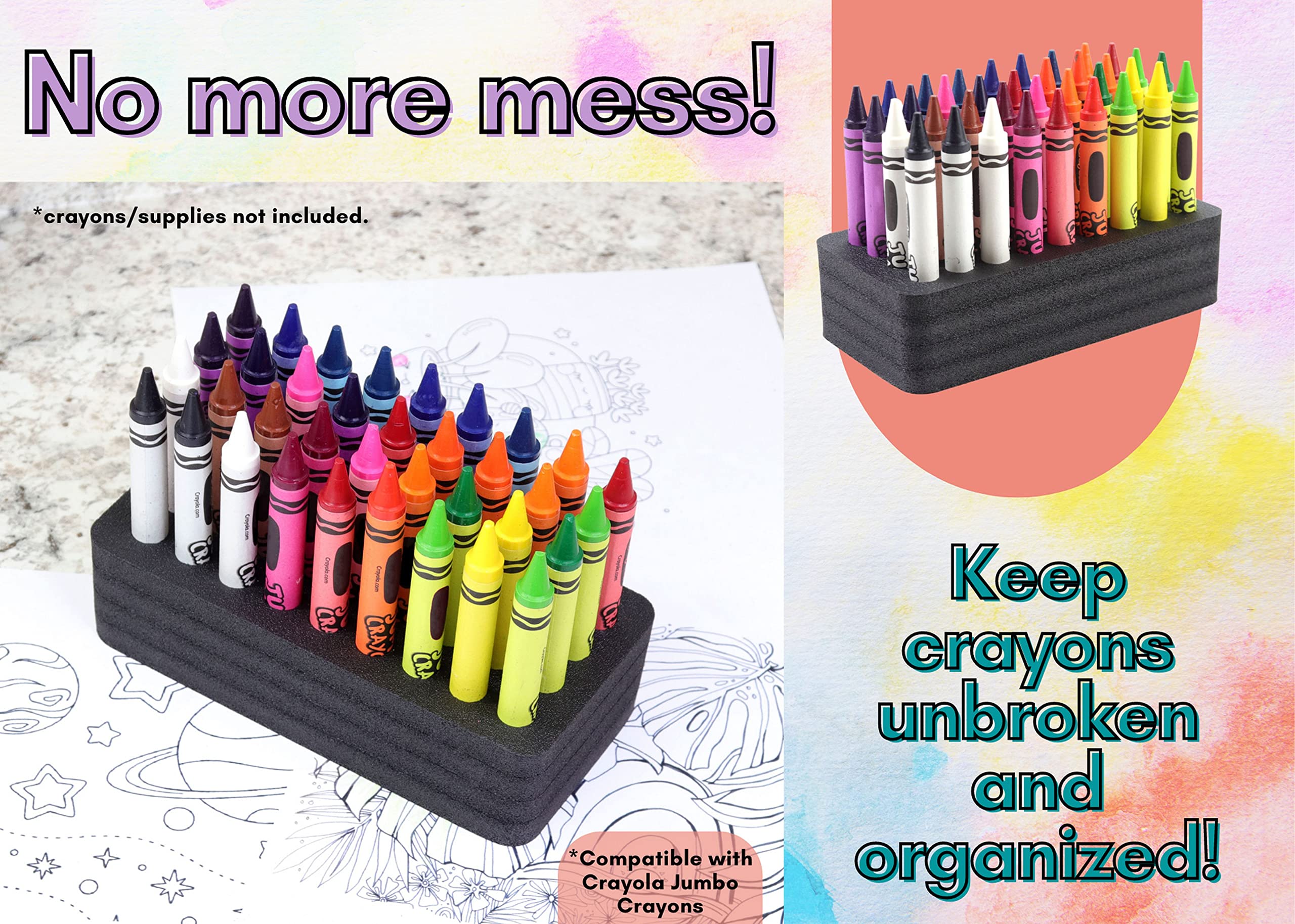 Polar Whale Jumbo Crayon Desk Stand Organizer Compatible with Crayola and Others Design Storage Tray Supply Non-Scratch Non-Rattle Washable Durable Black Foam Holds 36