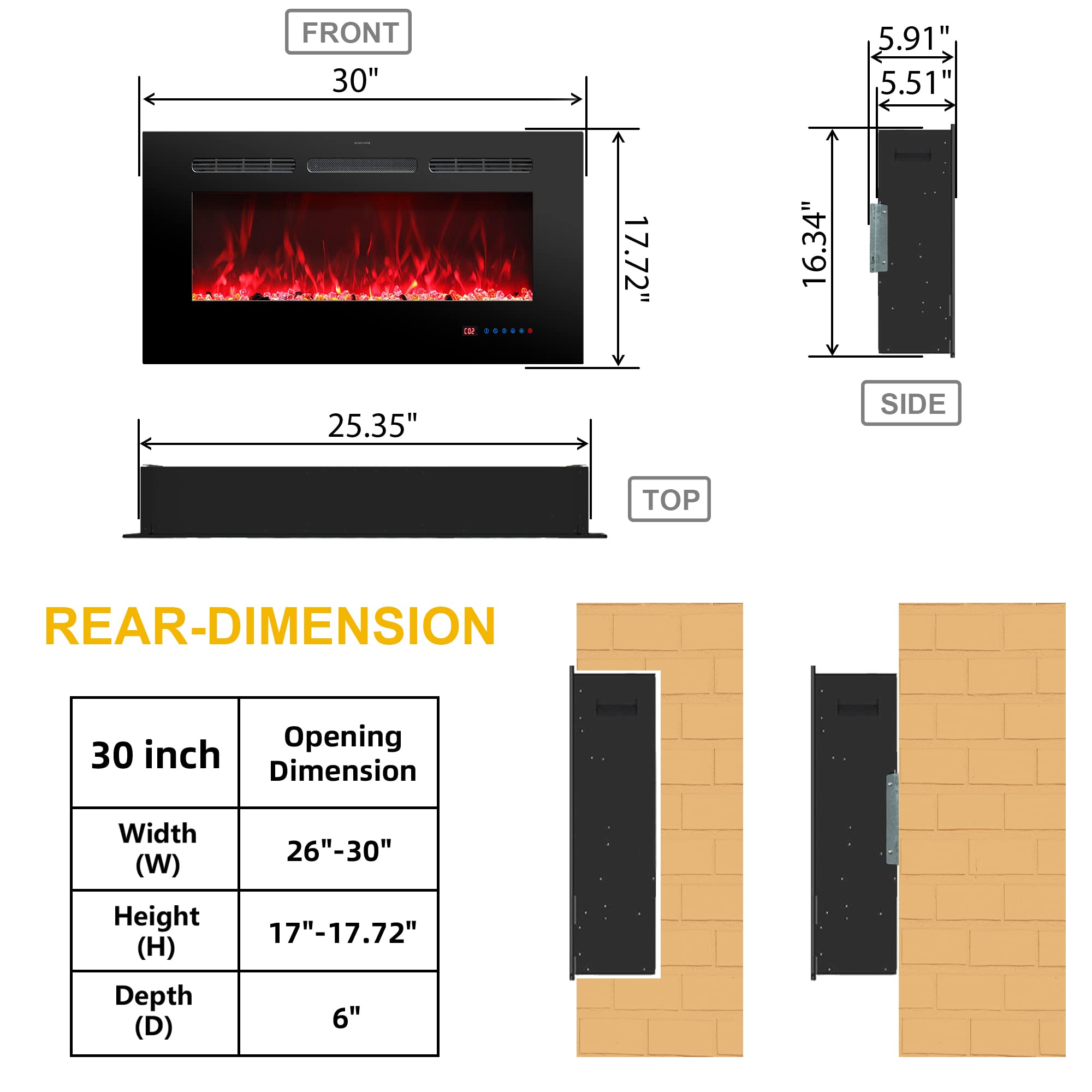 Rodalflame 48 Inches Electric Fireplace Inserts, Recessed and Wall Mounted Fireplace Heater for Indoor Use with Remote Control, 13 Color Flames with Log &Crystal, 9H Timer, 750/1500W