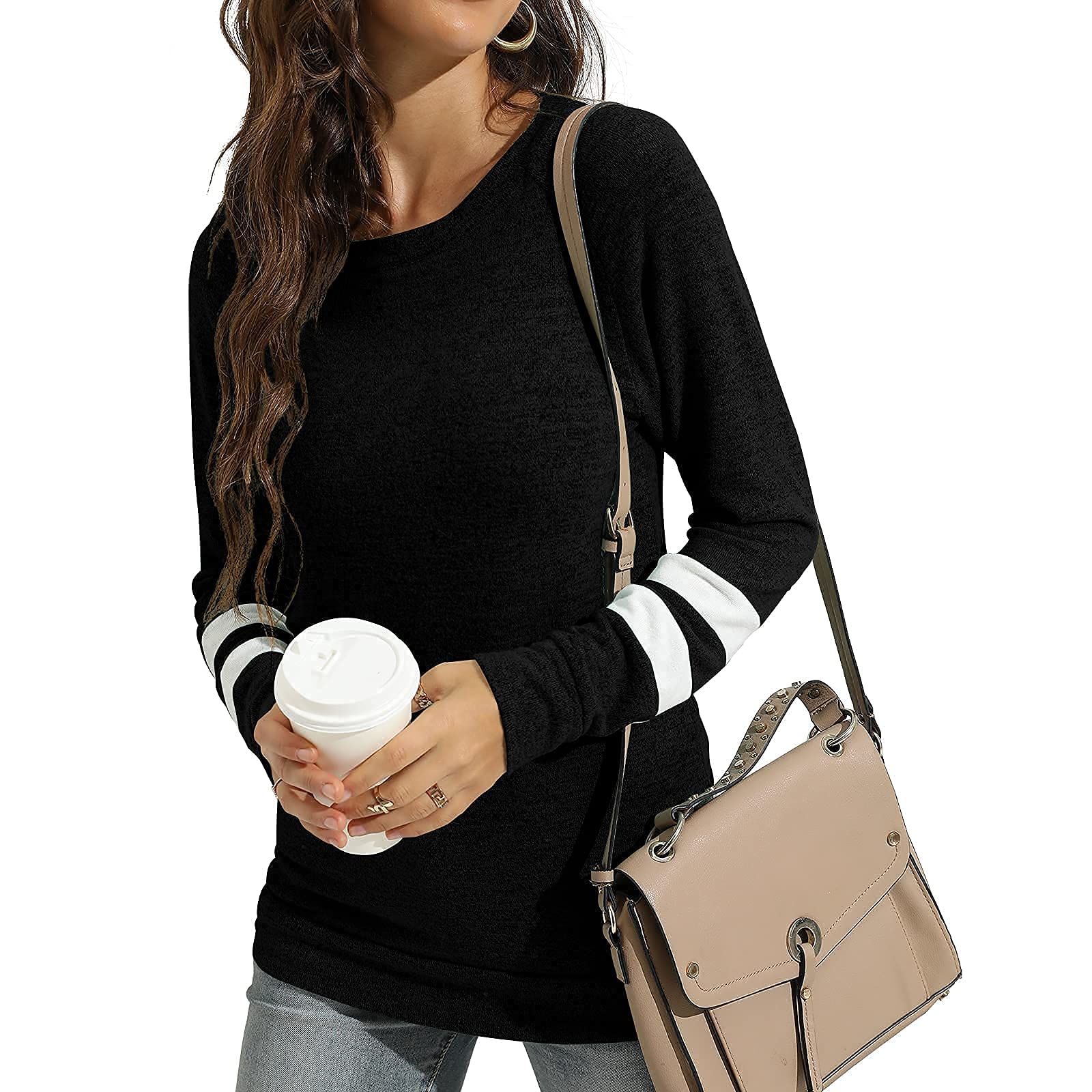 Qcyuui Womens Color Block Sweatshirts Crewneck Sweaters Long Sleeve Shirts Fleece Tunic Tops(Black,Medium)