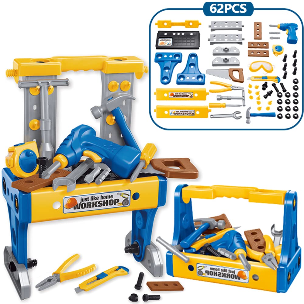 YICORO Kids Tool Set, 62 Pcs 2 in 1 Tool Set with Tool Box & Workbench, Pretend to Play Electronic Toy Drill Kids Toys, Toy Tools for Kids Ages 3 4 5+ Years Old