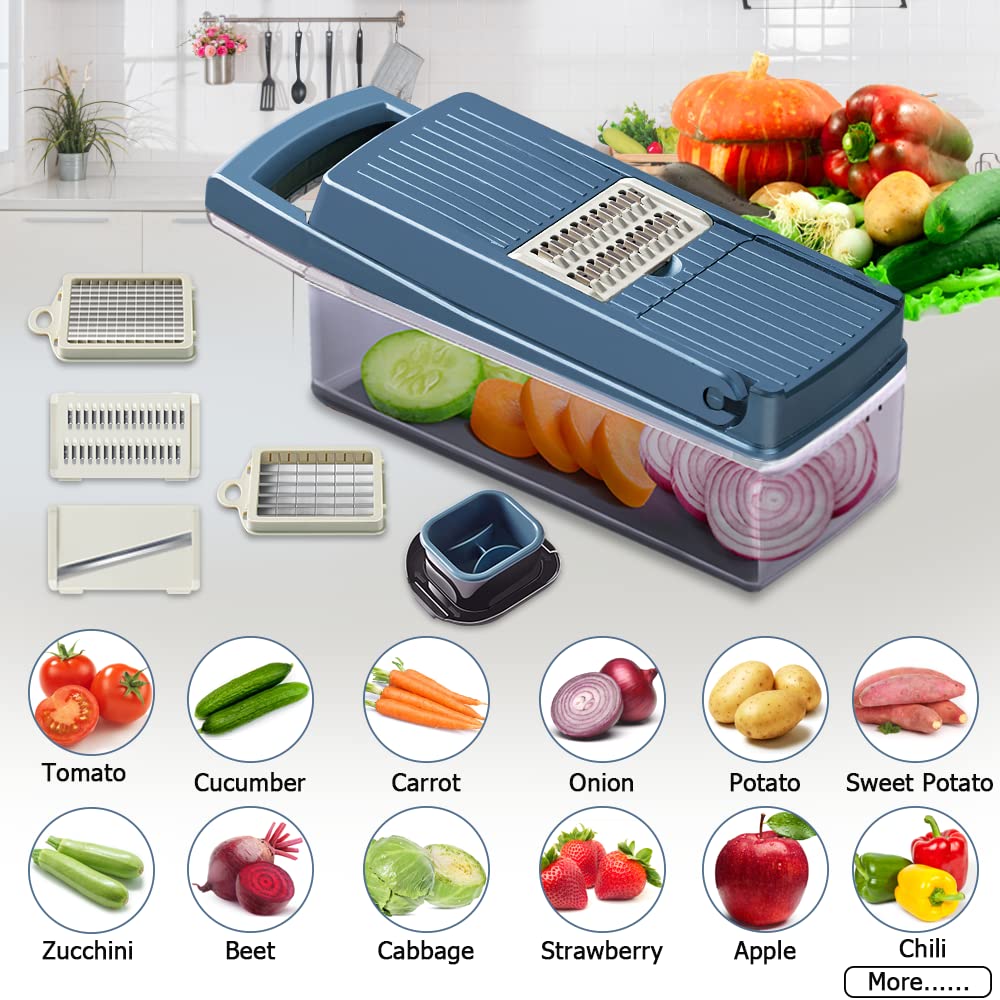 OuYteu Vegetable Chopper Dicer Onion Chopper, 15 in 1 Food Chopper Fruits Cutter with 7 Stainless Steel Blades, Adjustable Slicer, Vegetable Cutter with Drain Rack Storage Container, Kitchen Gadget