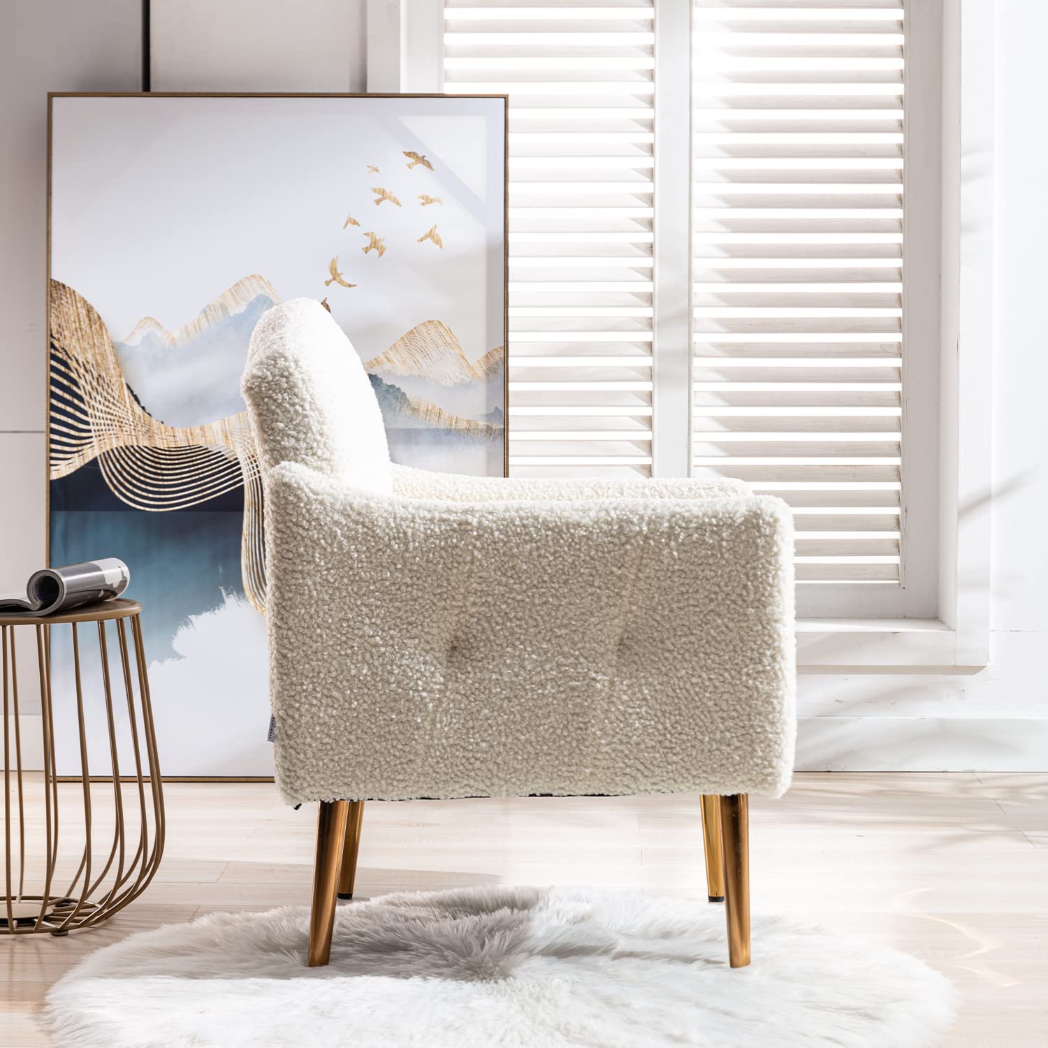Olela Modern Accent Chair with Arms, Tufted Decorative Single Sofa Fabric Armchair with Gold Metal Legs, Upholstered Reading Chair for Living Room Bedroom Office (White - Fabric)