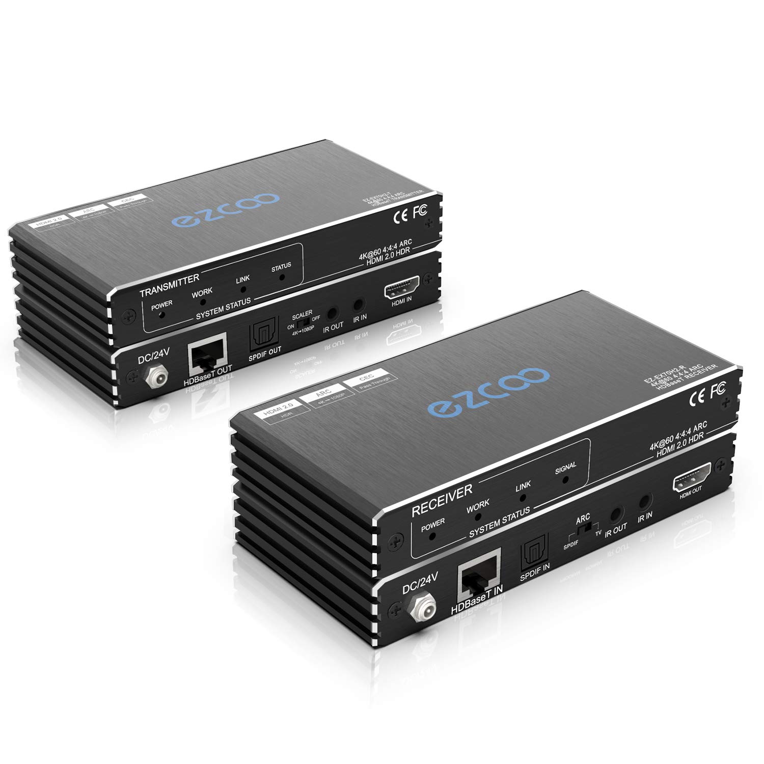 ROFAVEZCO HDBaseT HDMI ARC Extender 4K 60Hz (4:4:4 8bit) HDR10 18Gbps by Cat5e Cat6 SPDIF Toslink,Bi-Directional PoE+IR+CEC - 230ft 1080P,130ft 4K HDMI2.0 HDCP2.2,DTS:X,4K Down-Scale,Slim Case EX70H2
