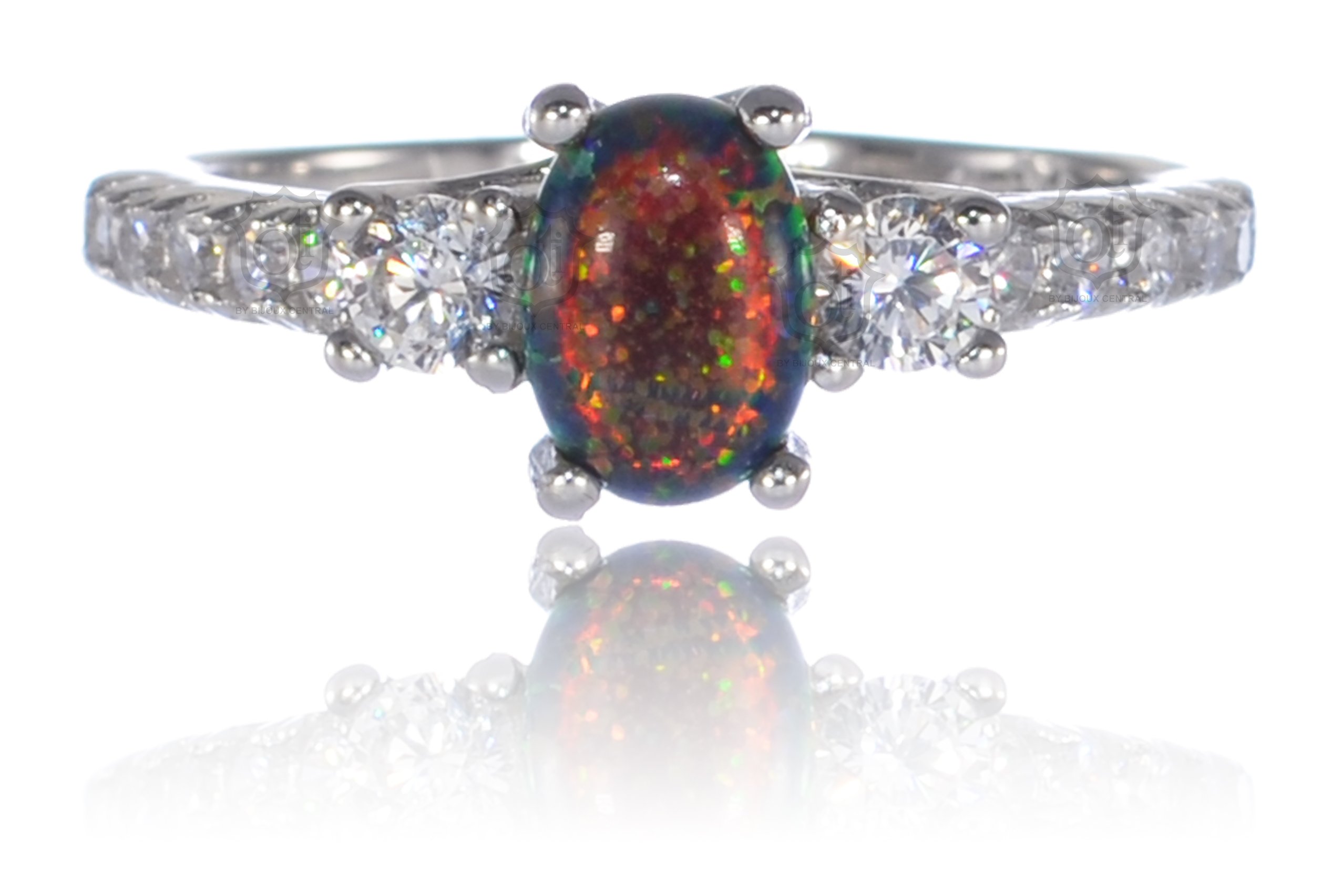 Oval Simulated Black Fire Opal and Round Cz Ring Sterling Silver