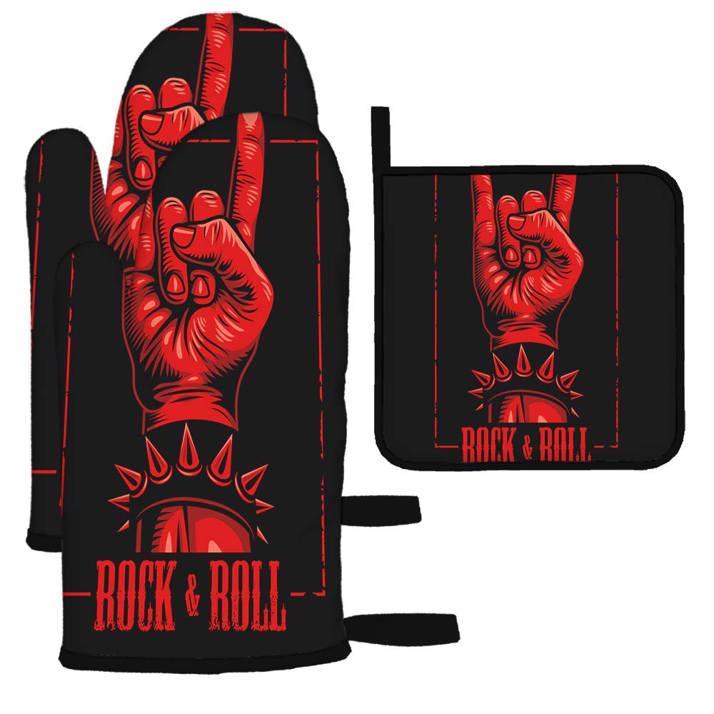 Swono Rock Oven Mitts and Pot Holders Sets,Abstract Red Hand in Rock N Roll Sign Heat Resistant 3 Pcs for Safe BBQ Cooking Baking Grilling