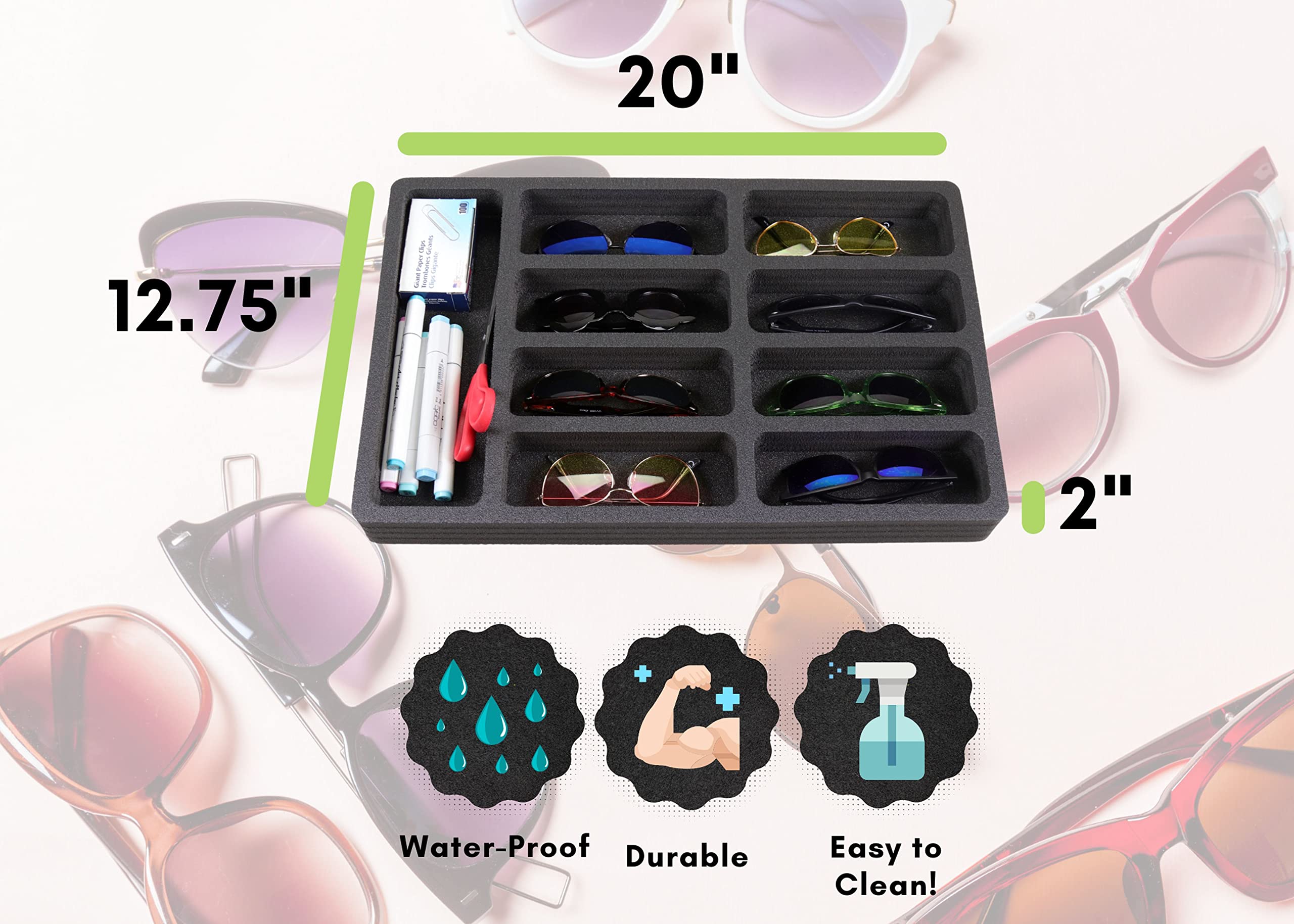 Polar Whale Sunglasses Drawer Organizer Tray Insert for Home Bedroom Bathroom Vanity Dresser Counter Table Waterproof Washable Black Foam 9 Compartment 20 x 12.75 Inches