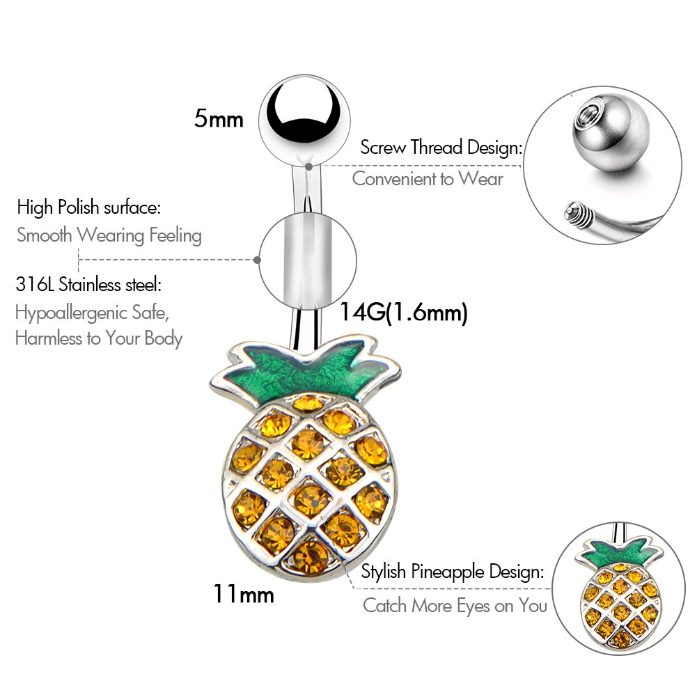 OUFER 14G Surgical Steel Pineapple Navel Rings Belly Button Rings Belly Piercings