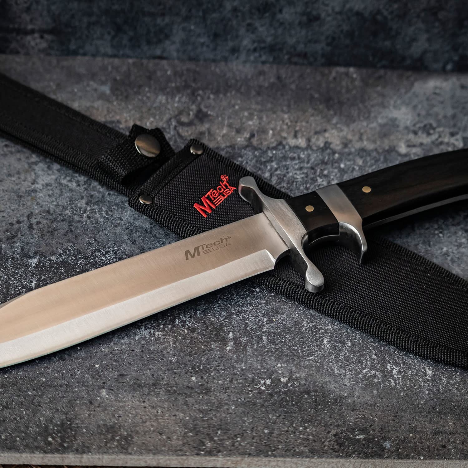 MTech USA β Fixed Blade Knife β Satin Finish Stainless Steel Blade, Black Wood Handle with Stainless Steel Bolster, Includes Nylon Sheath - Hunting, Camping, Survival, Tactical β MT-20-04
