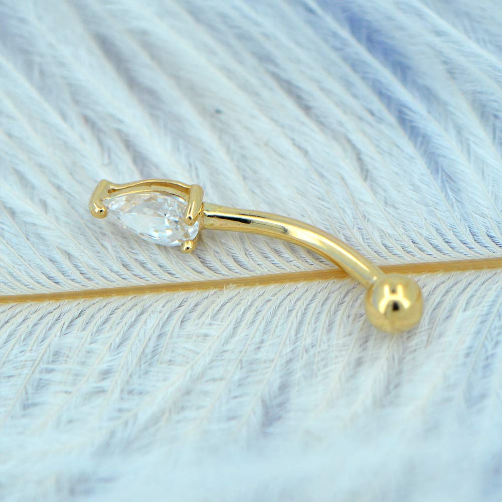 OUFER 14K Solid Gold Rook Earring Teardrop CZ Prong Set Top 16ga Eyebrow Curved Rings Rook Piercing