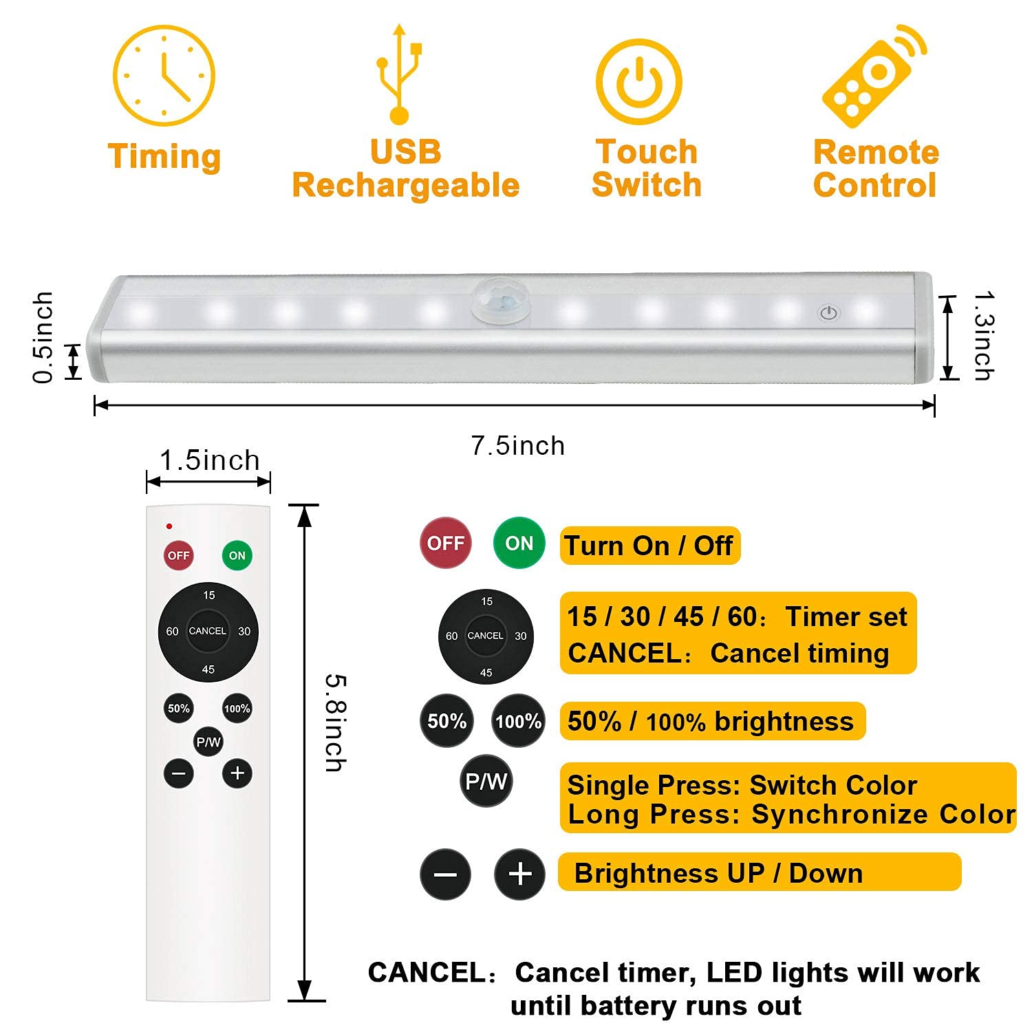 Remote Control Under Cabinet Lighting Wireless 6 Pack, 20-LED Dimmable Closet Lights Rechargeable Under Counter Light, Stick on Touch Night Light Strip Bar for Kitchen Stairway Bedroom, 3 Colors