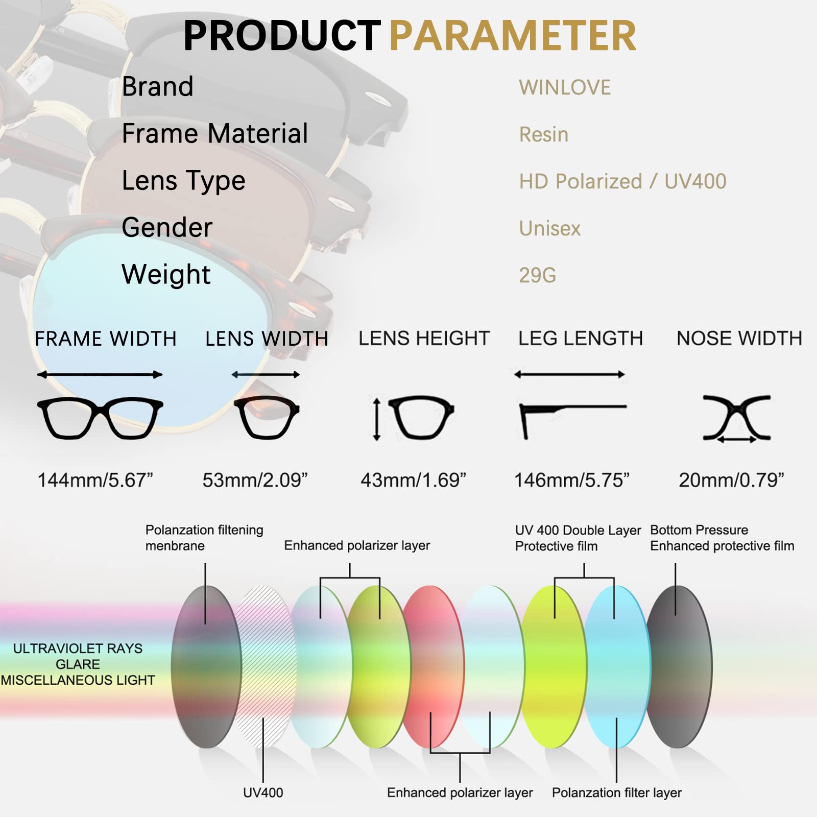 WINLOVE Polarized Sunglasses Men and Women UV Protection Classic Sunglasses TR90 Frame UV400 Protection Sun Glasses (Matte Black gold frame)