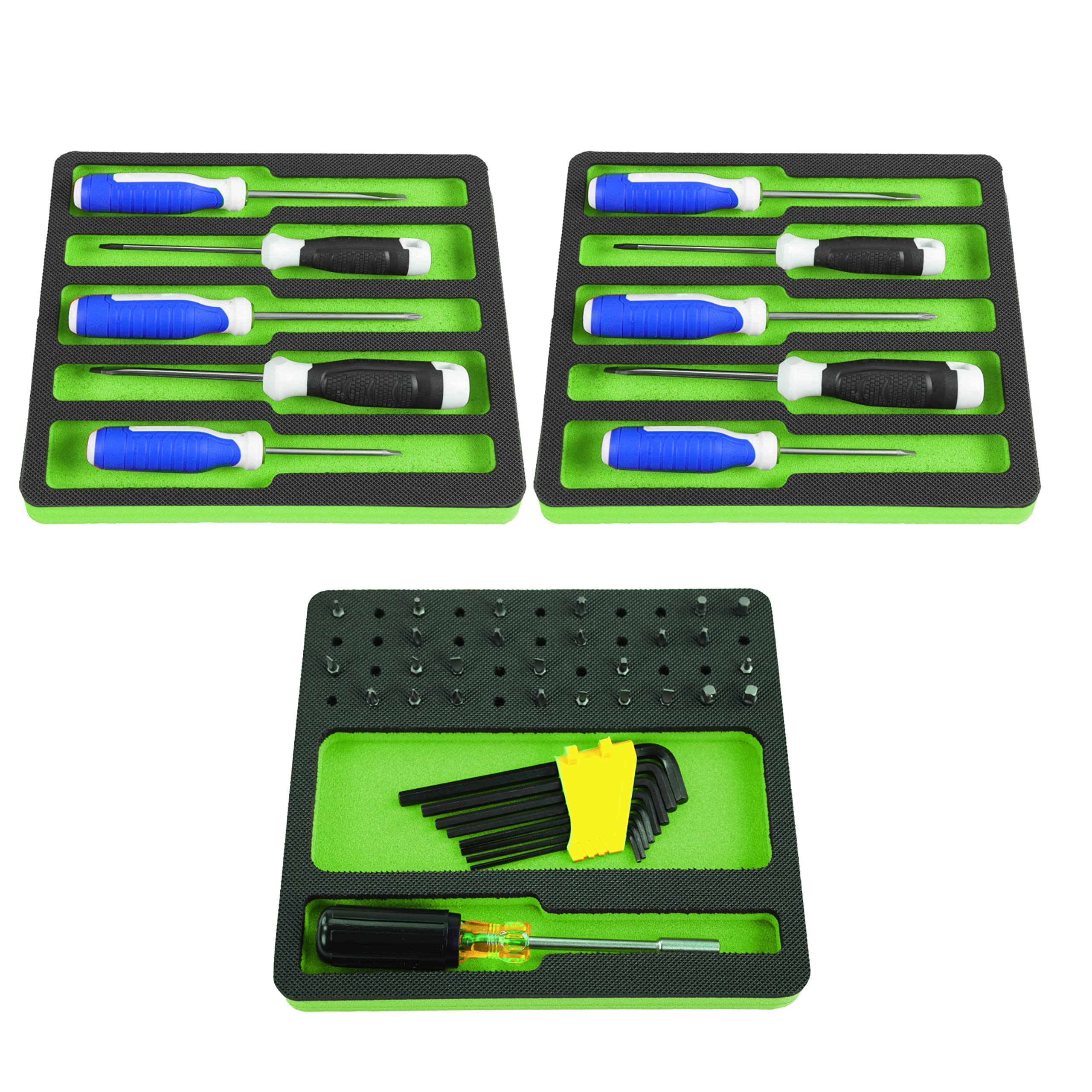 Polar Whale Tool Drawer Organizer 3-Piece Screwdriver Bit Driver Insert Set Green and Black Durable Foam Holds Many Tools 10 x 11 Inch Trays Fits Craftsman Husky Kobalt Milwaukee Many Others