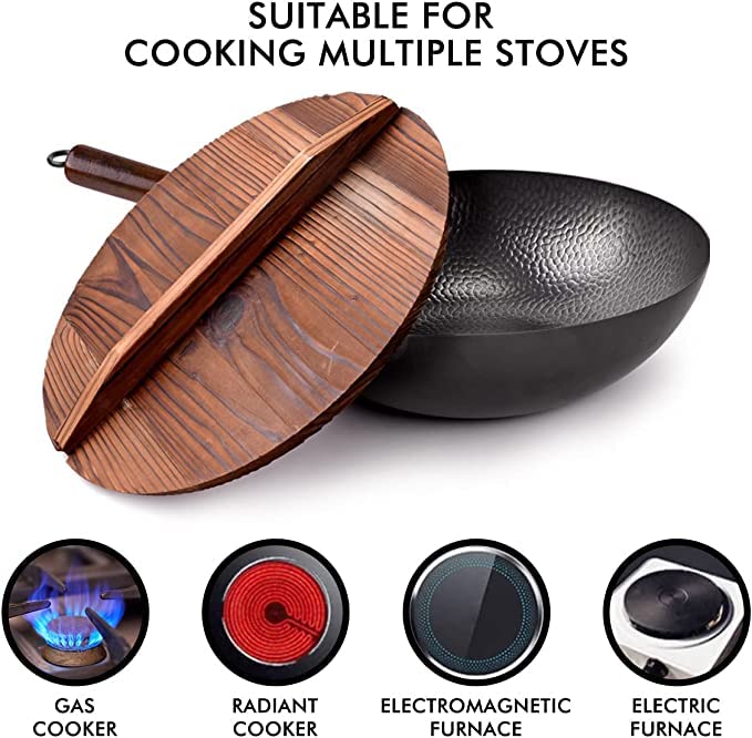 Peepoleck Carbon Steel Wok with Wooden Handle and Lid,using for Electric, Induction, Gas Stoves,6 Cookware Accessories,12.5 inch,Black