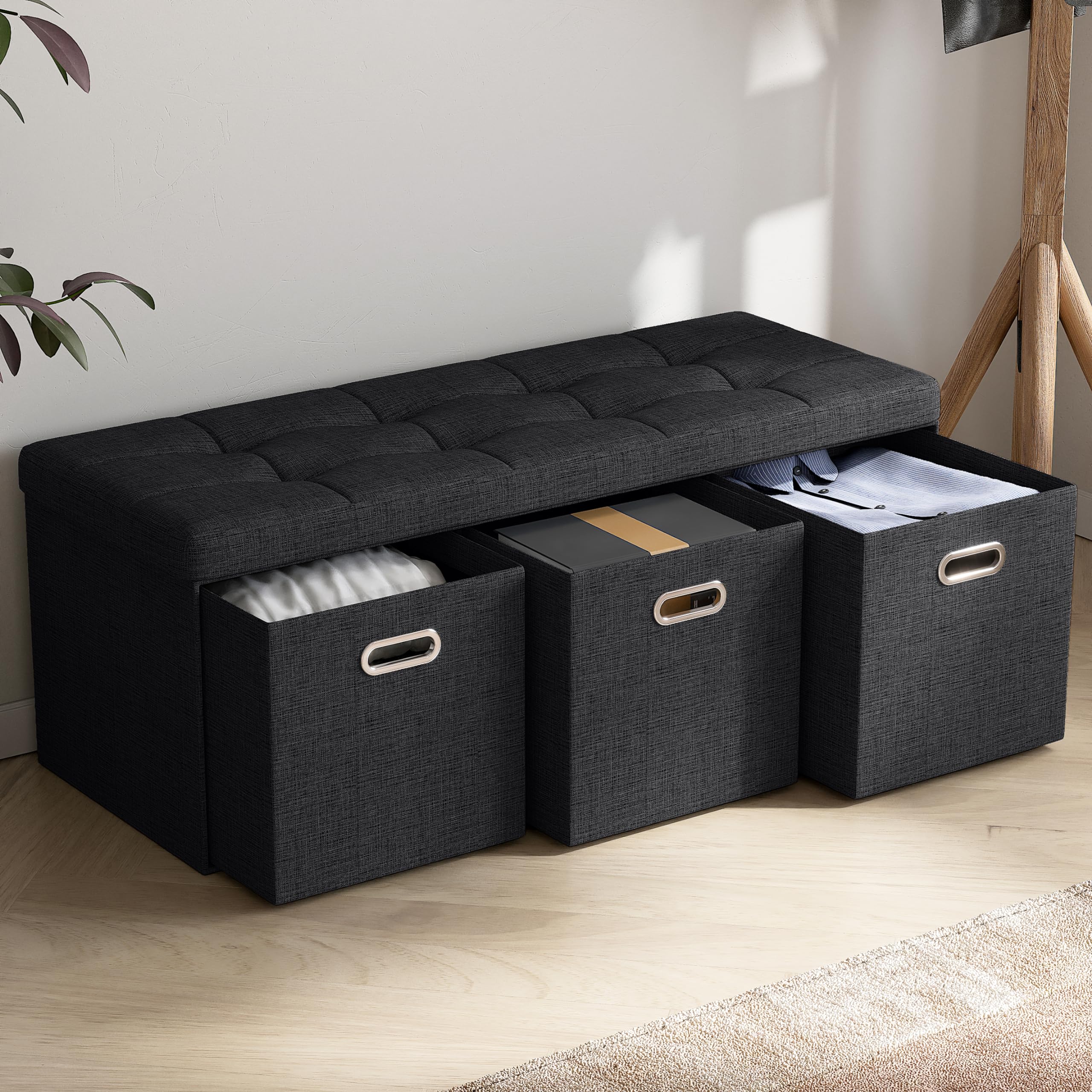 Ornavo Home Foldable Tufted Linen Large Long Bench Storage Ottoman Foot Rest Stool Seat with 3 Drawer Cubes - 15" x 40" x 15", Beige
