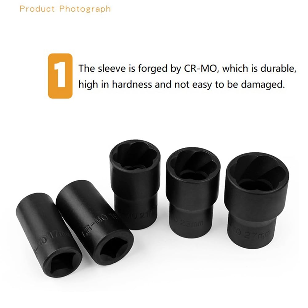 Pomojonbi 6 Pieces of Broken Nut Extractor with 17mm, 19mm, 21mm, 23mm, 27mm Sleeve and Central Piercing Rod Nut Removal Tool Kit Durable