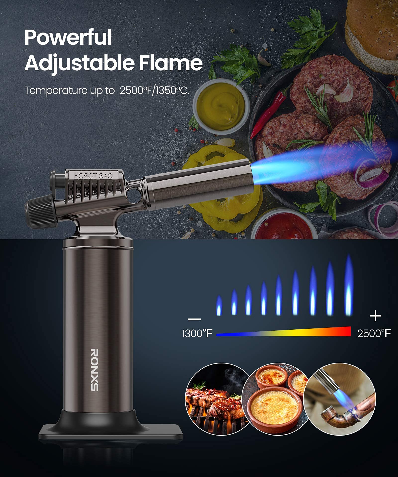 RONXS Butane Torch, Torch Lighter with 25g Large Gas Capacity, Refillable Blow Torch with Max 6'' Big Continuous Adjustable Flame, Industrial Soldering Torch for Cooking DIY Crafts (Gas Not Included)