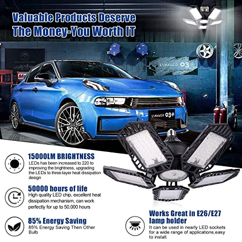 TANBABY Metal LED Garage Lights 2 Pack 150W Garage Light 15000LM LED Garage Lights with 5+1 Multi-Position Panels Deformable E26/E27 Garage Lighting LED Shop Light 6500K Daylight for Garage Basement