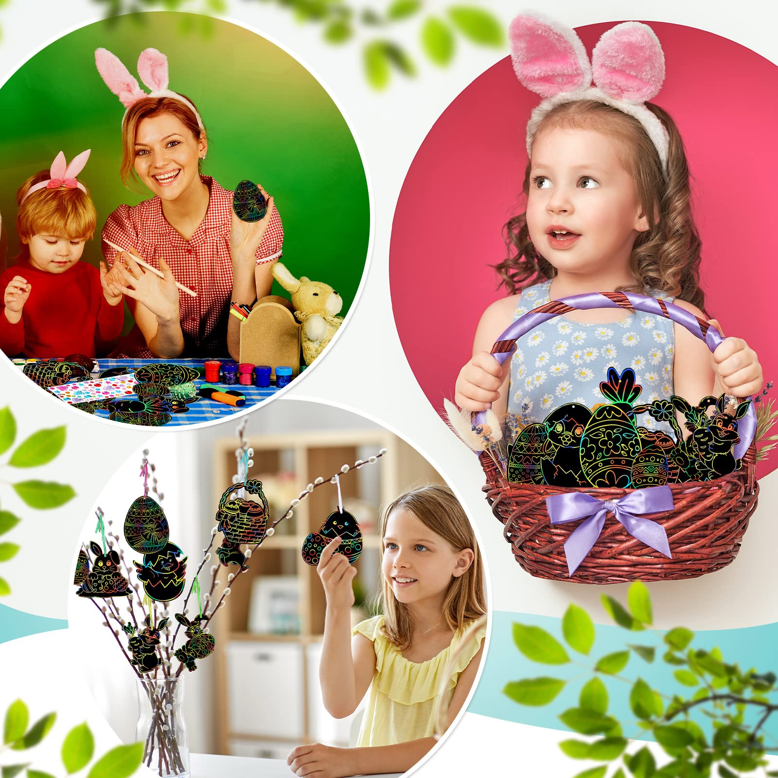 Yexiya 120 Pcs DIY Easter Craft Kits for Kids Scratch Paper Easter Ornaments Rainbow Easter Egg Scratching Tools Easter DIY Art Decoration with Gem Stickers Rhinestones for Home Classroom Easter