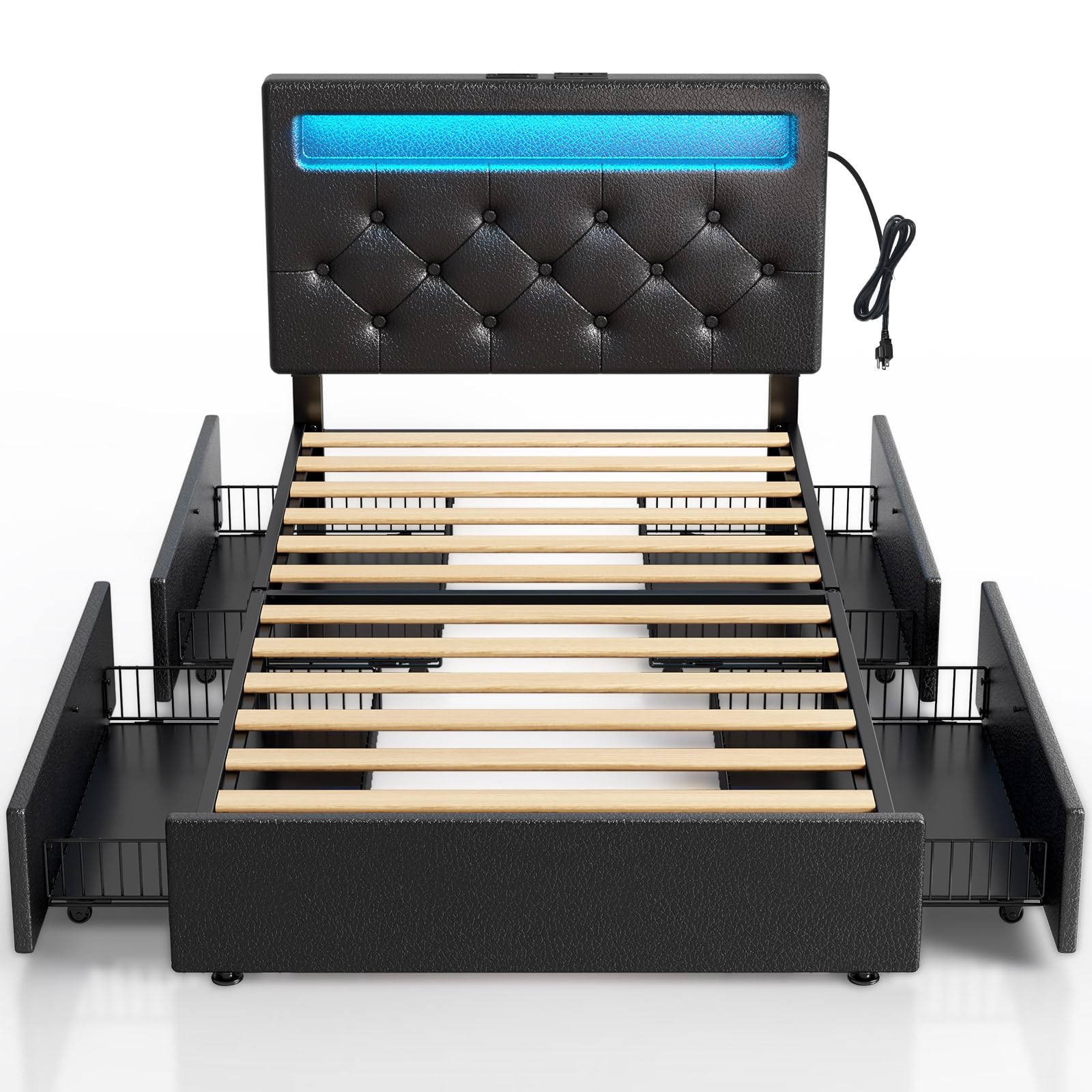 Rolanstar Twin Size Bed Frame with Charging Station and LED Lights, Upholstered PU Leather Bed with Adjustable Headboard and 4 Storage Drawers, No Box Spring Needed, Easy Assembly, Black