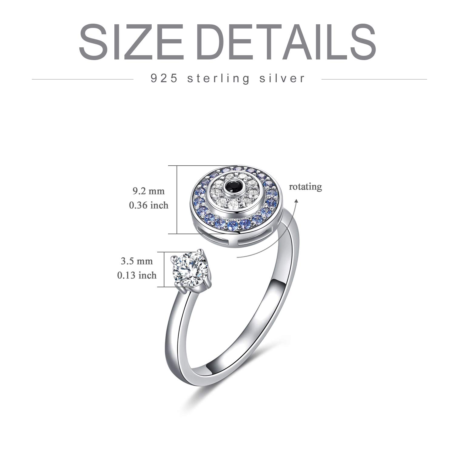 PEIMKO Rotating 925 Sterling Silver Evil Eye Fidget Rings for Women, Anti-Anxiety Spinning Adjustable Open Ring Size 5-12