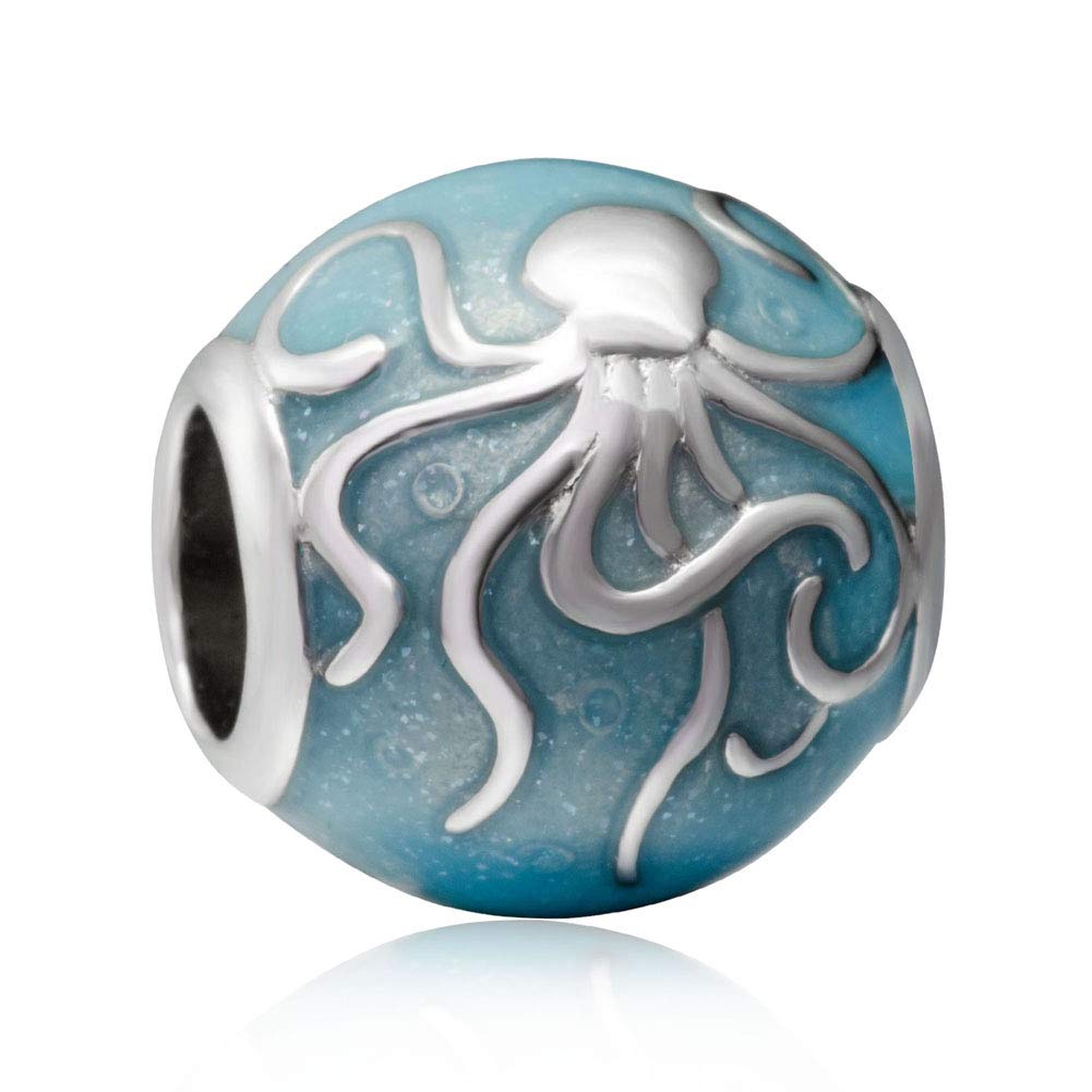 Sea Turtle Charms Ocean Animal Charm 925 Sterling Silver Octopus Dolphin Starfish Beads Hawaii Summer Tropical Marine Life Charm for Women Gift (Octopus Beads)
