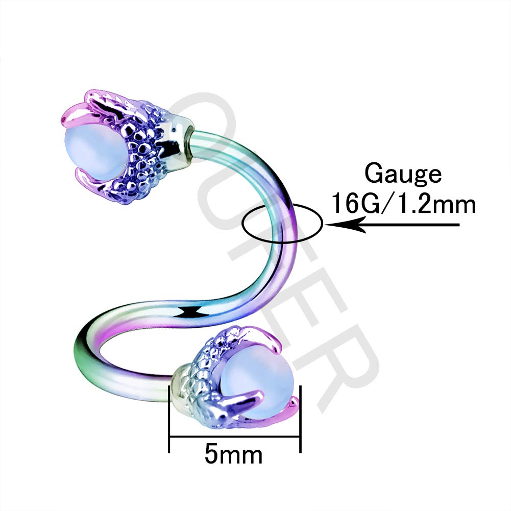 OUFER Twist Helix Earring 316L Stainless Steel Dragon Claw with Opalite Center 16G Twist Lip Labret Cartilage Upper Lobe Piercing Jewelry