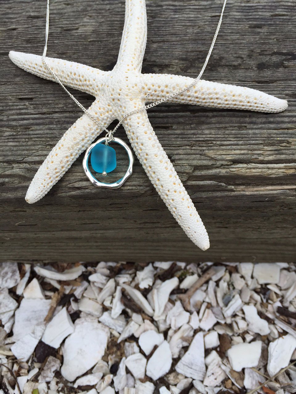 Ocean Waves Sea Glass Pendant Necklace, with sterling silver chain,Handmade Silver Plated Hoop with TumbledTurquoise Sea Glass
