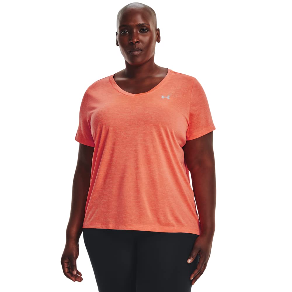 Under Armour Womens Tech Short-Sleeve V-Neck - Twist, (879) After Burn/White/Metallic Silver, 2X