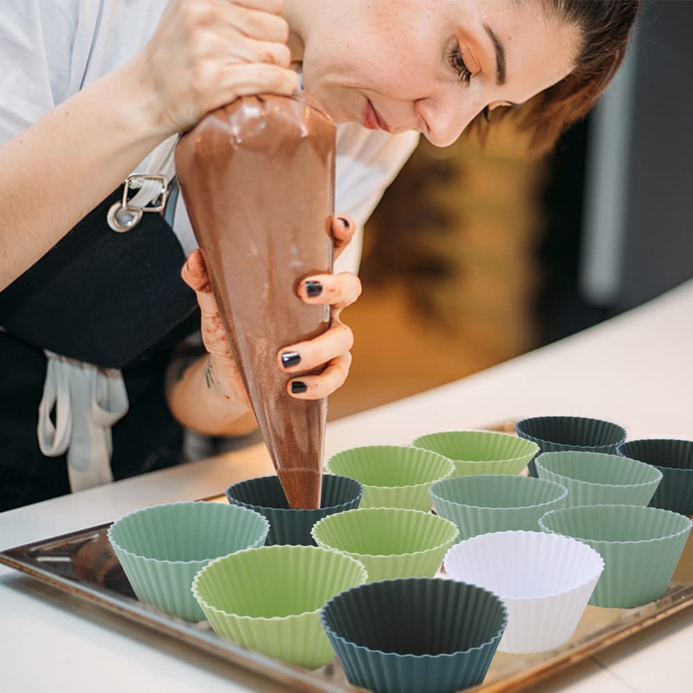 WYBG 24 Pcs Reusable Silicon Muffin Molds Food Grade Silicone Muffin Molders Non-Stick Silicone Cupcake Molds Reusable Cupcake Liners Mini Cake Molds Baking Cups Kitchen Bakeware in 4 Colors