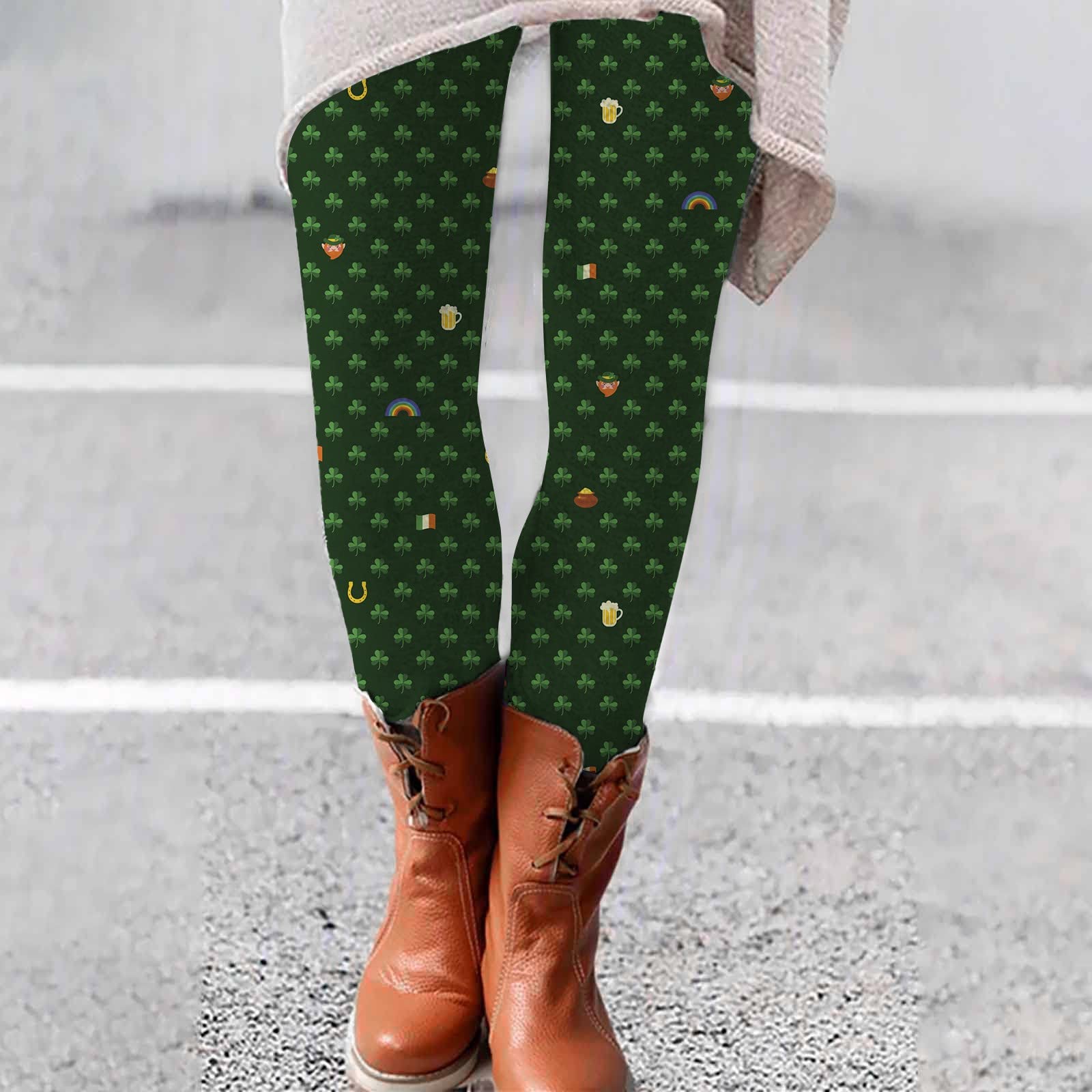 Women's St. Patricks Day Tights Clover Irish Shamrock Seamless Leggings for Women Butt Shaping Skinny Pant