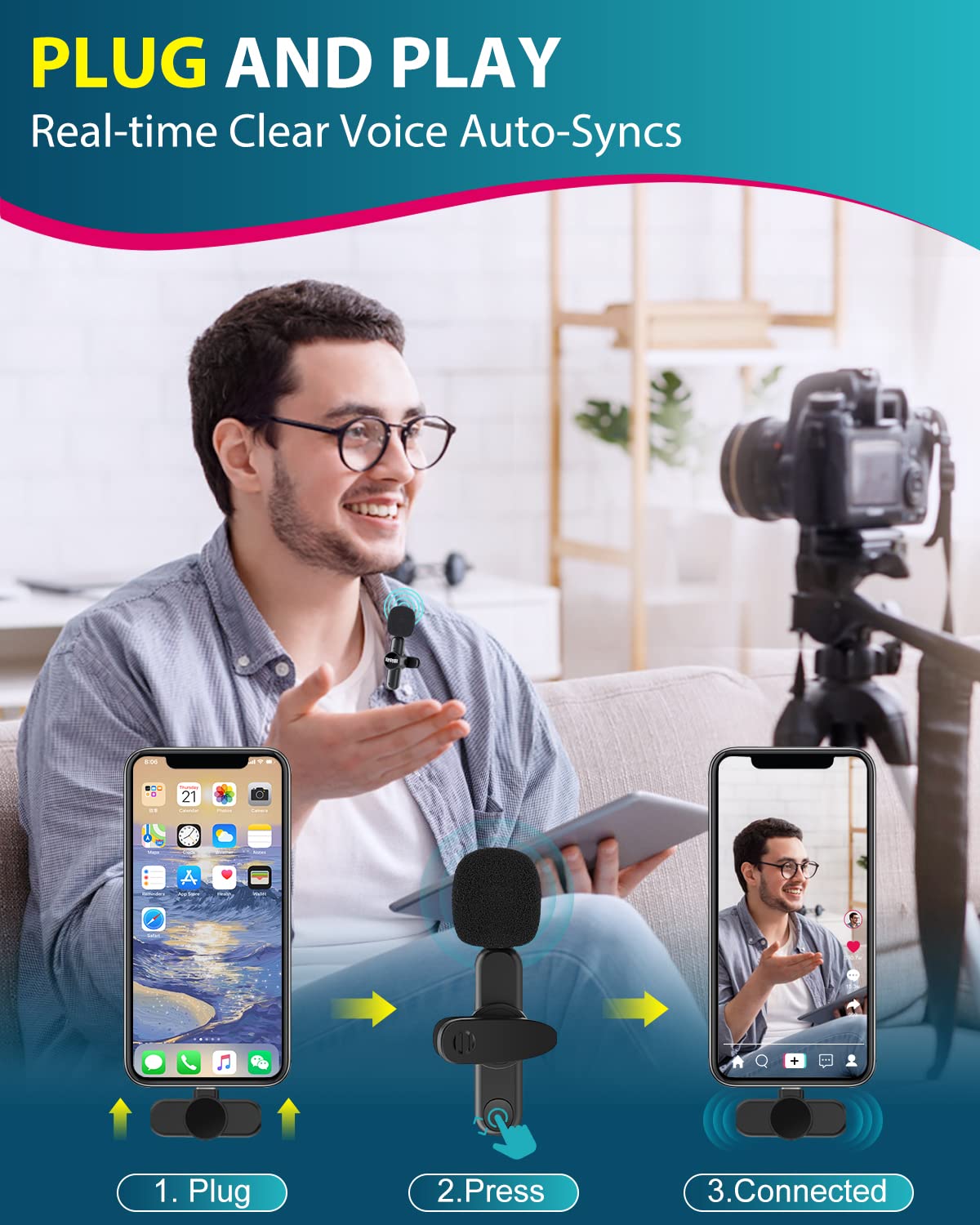Wireless Lavalier Microphone for iPhone/iPad,Professional Wireless Mini Microphones for Video Recording,TikTok Facebook YouTube Live Stream Clip-on Plug & Play Phone Lapel Mic for Singing Vlogging