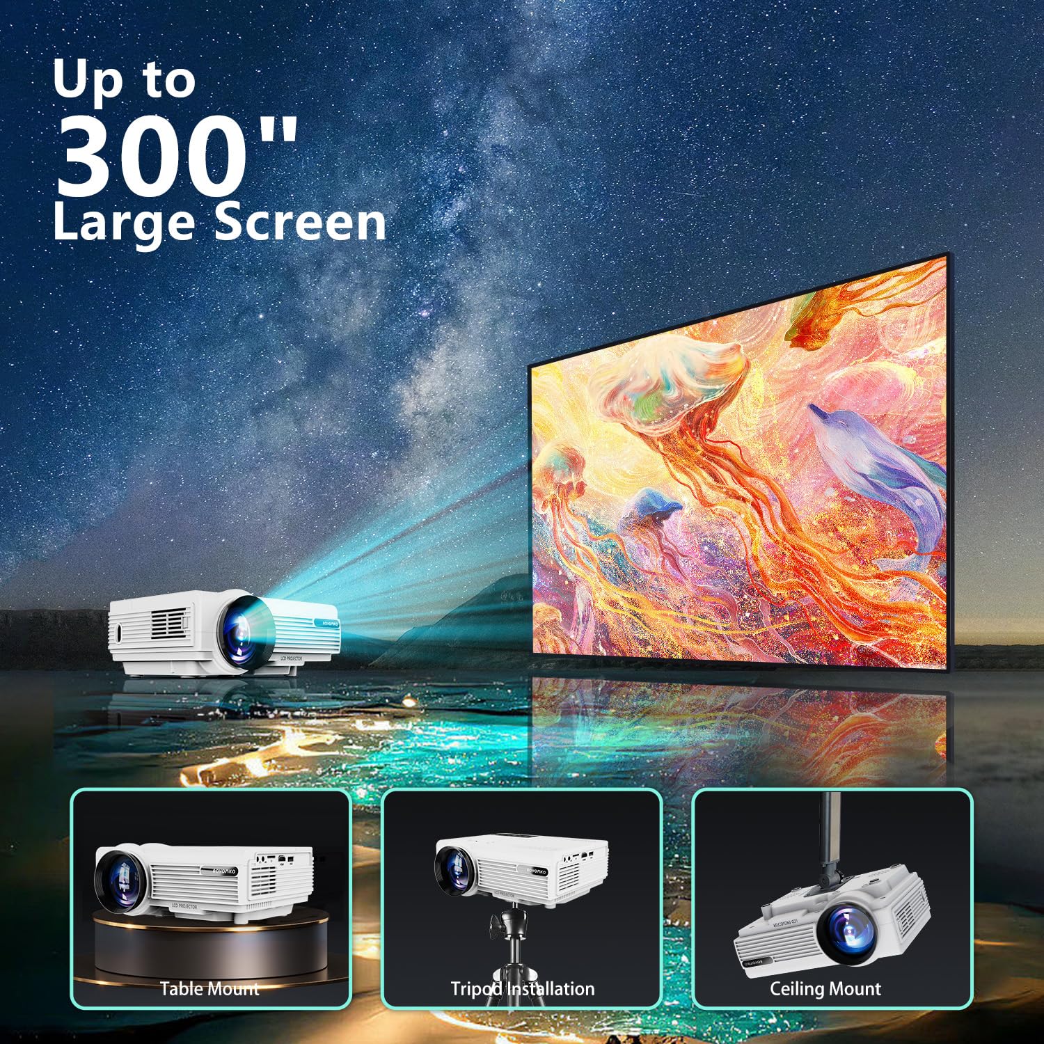 Projector 4K Full HD 1080P Supported 10000 lumens Max 300”Projection Screen Keystone 25% Zoom 2023 Upgraded Mini Touchscreen Compatible with Smartphone/Tablet/TV Stick/HDMI/USB/AV