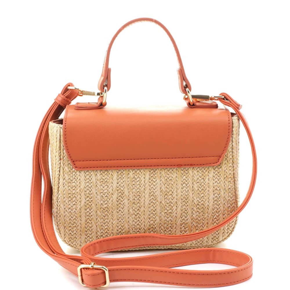 Womens Top-Handle Straw Rattan Structured Small Medium Flap Satchel Purse Crossbody Bag (Minimal Top-Handle - Tan)