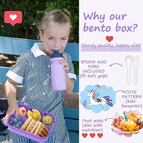 Sunhanny Bento Lunch Box for Kids - 4 Compartments, Sauce Container, Utensils, Food Picks and Muffin Cups, Purple Unicorn