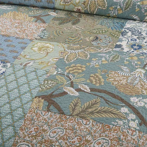 Quilted Bedspread Double King Size Blue Floral Comforter Patchwork 3 Pcs Beding Sets (1 Bedspreads + 2 Pillow Shams) (Queen)