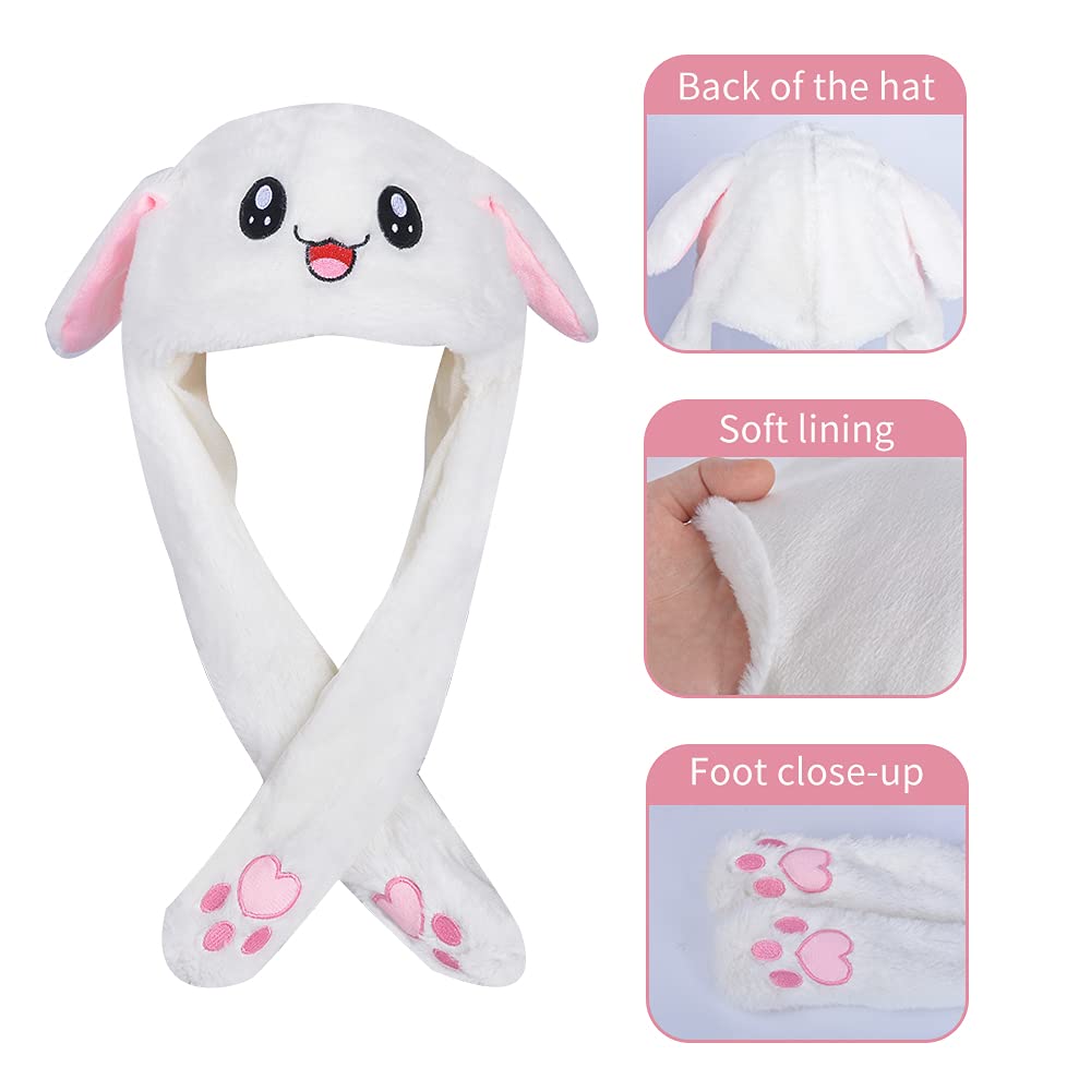 Rabbit Hat The Ears pop up After Pressing The Claws Hat Funny Bunny Cap for Girls,Christmas Party Holiday (White)