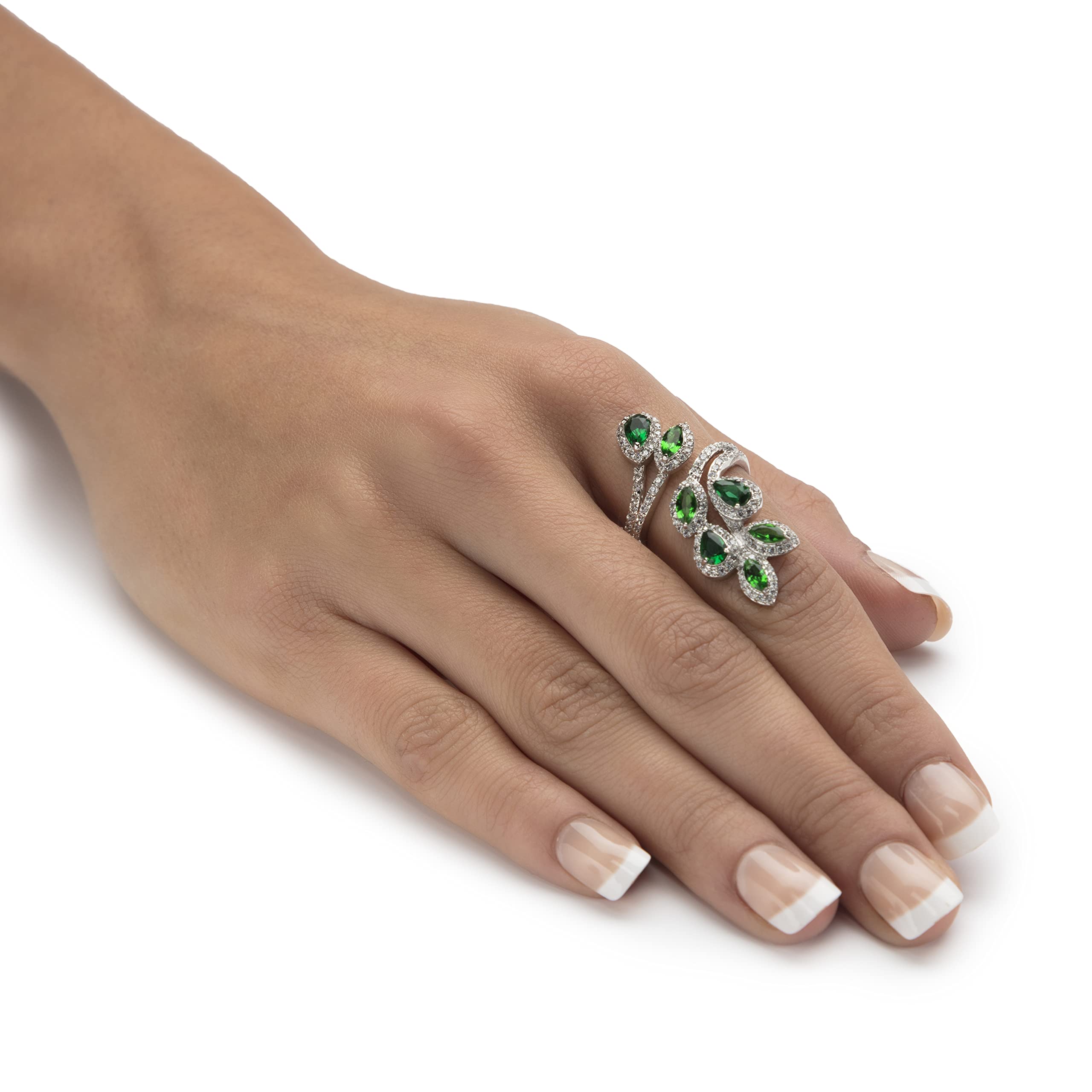 PalmBeach Jewelry Yellow Gold-Plated or Platinum-Plated Pear Cut Simulated Emerald or Cubic Zirconia Halo Leaf Bypass Ring Size 10