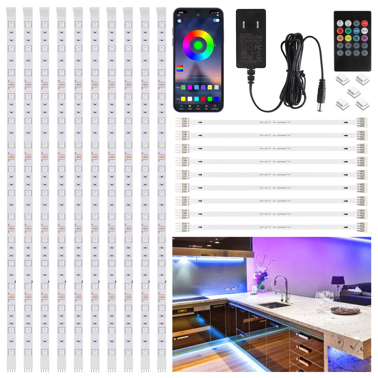 SIXDEFLY 10 PCS RGB Under Cabinet Lighting Kit, App and Remote Control Led Strip Lights, Music Sync Color Changing Led Lights with ETL Listed Power Adapter, for Cabinet, Counter, Shelf, 16.4ft