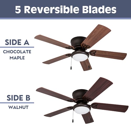 Prominence Home Benton, 52 Inch Traditional Flush Mount Indoor LED Ceiling Fan with Light, Pull Chains, Dual Finish Blades, Reversible Motor - 51429-01 (Bronze)