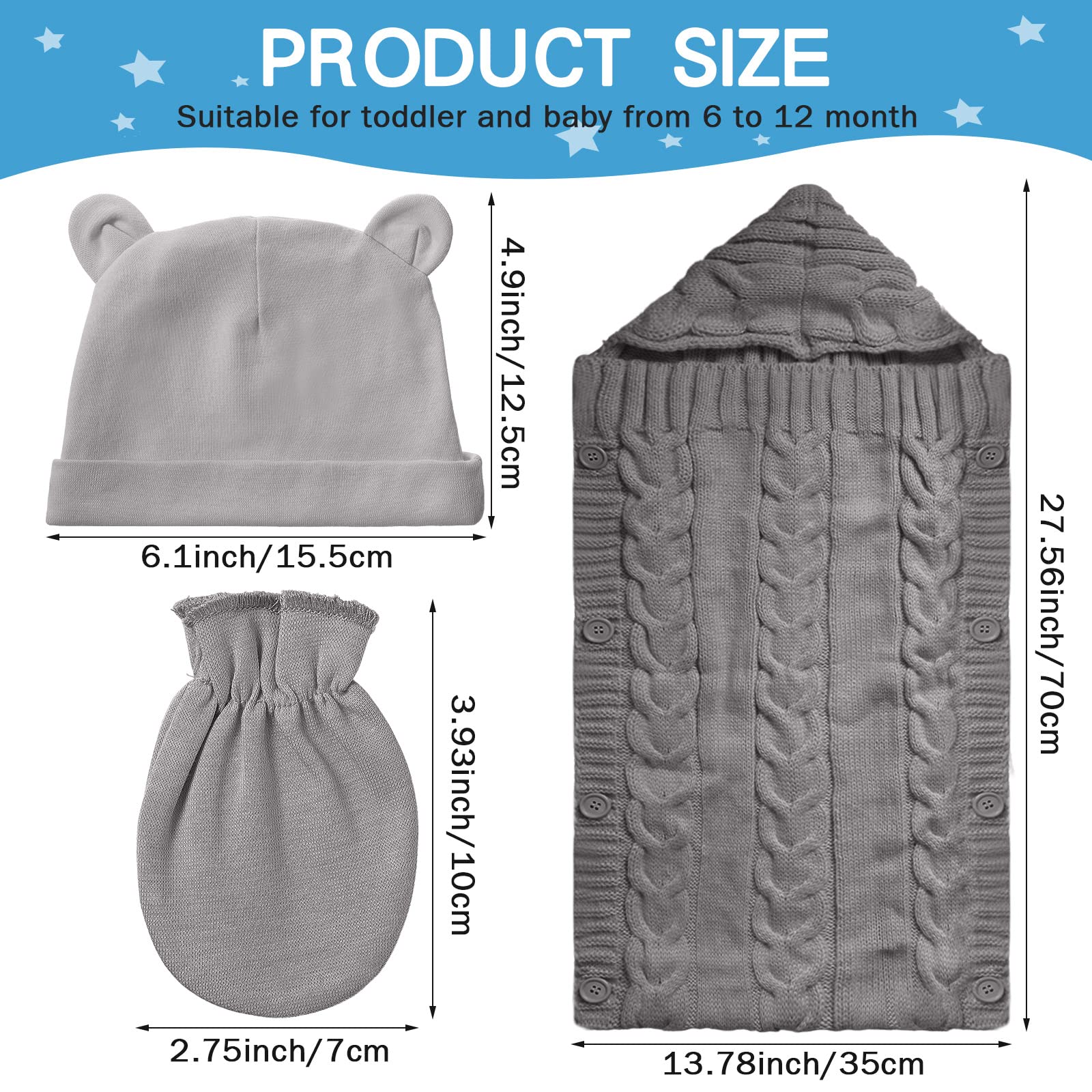 Zhanmai Newborn Baby Wrap Swaddle Blanket Knit Sleeping Bag Receiving Blankets Stroller Wrap Hat Mitten for Baby 9-12 Months